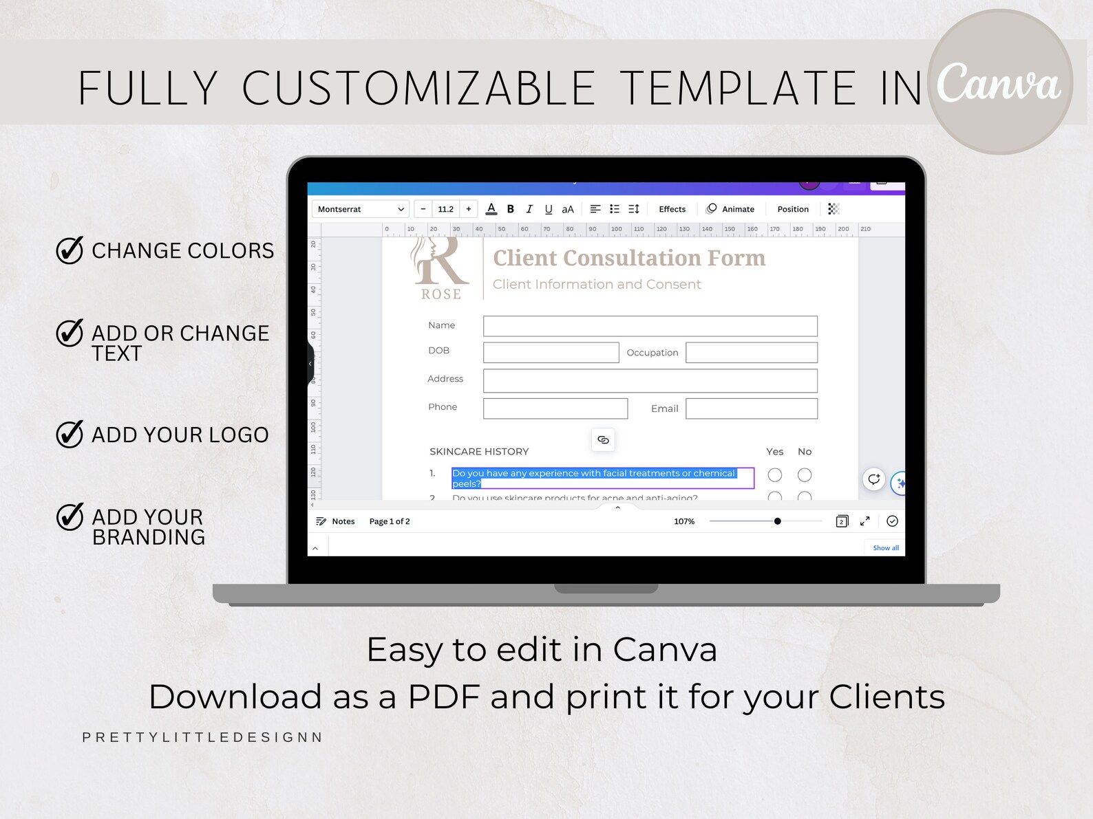 Client Intake Form, Facial Consultation Form, Editable Intake Form ...