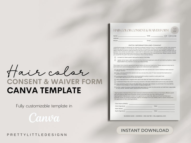 Consent for Hair Coloring Hair Color Consent and Waiver Form - Etsy