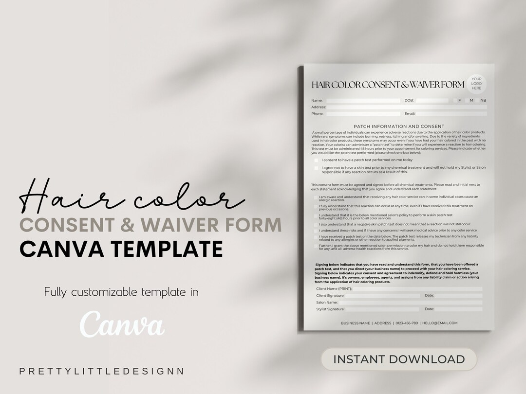 Consent for Hair Coloring, Hair Color Consent and Waiver Form, Hair ...