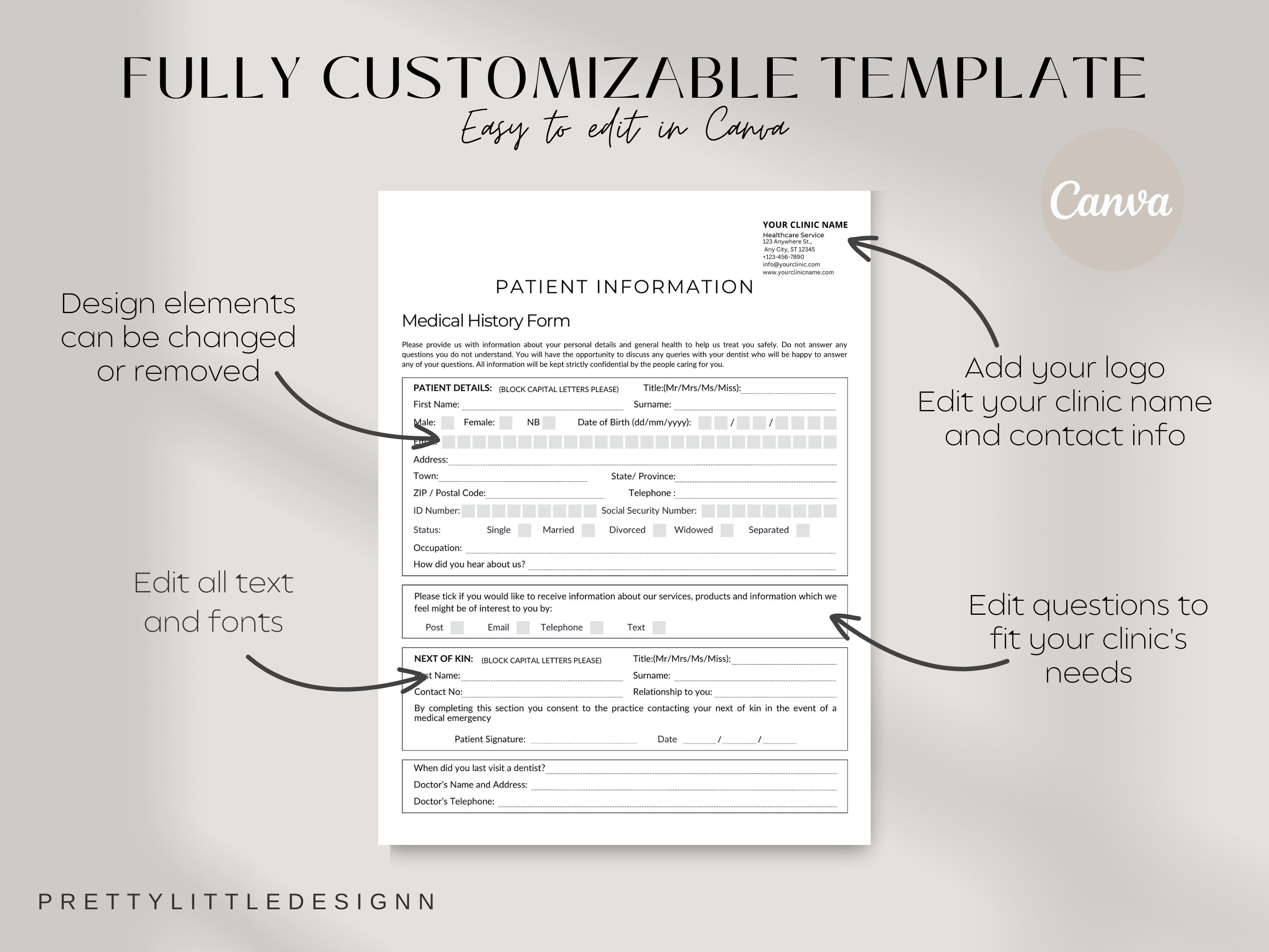 Dentist Office New Patient Form, Patient Information, Editable Medical ...