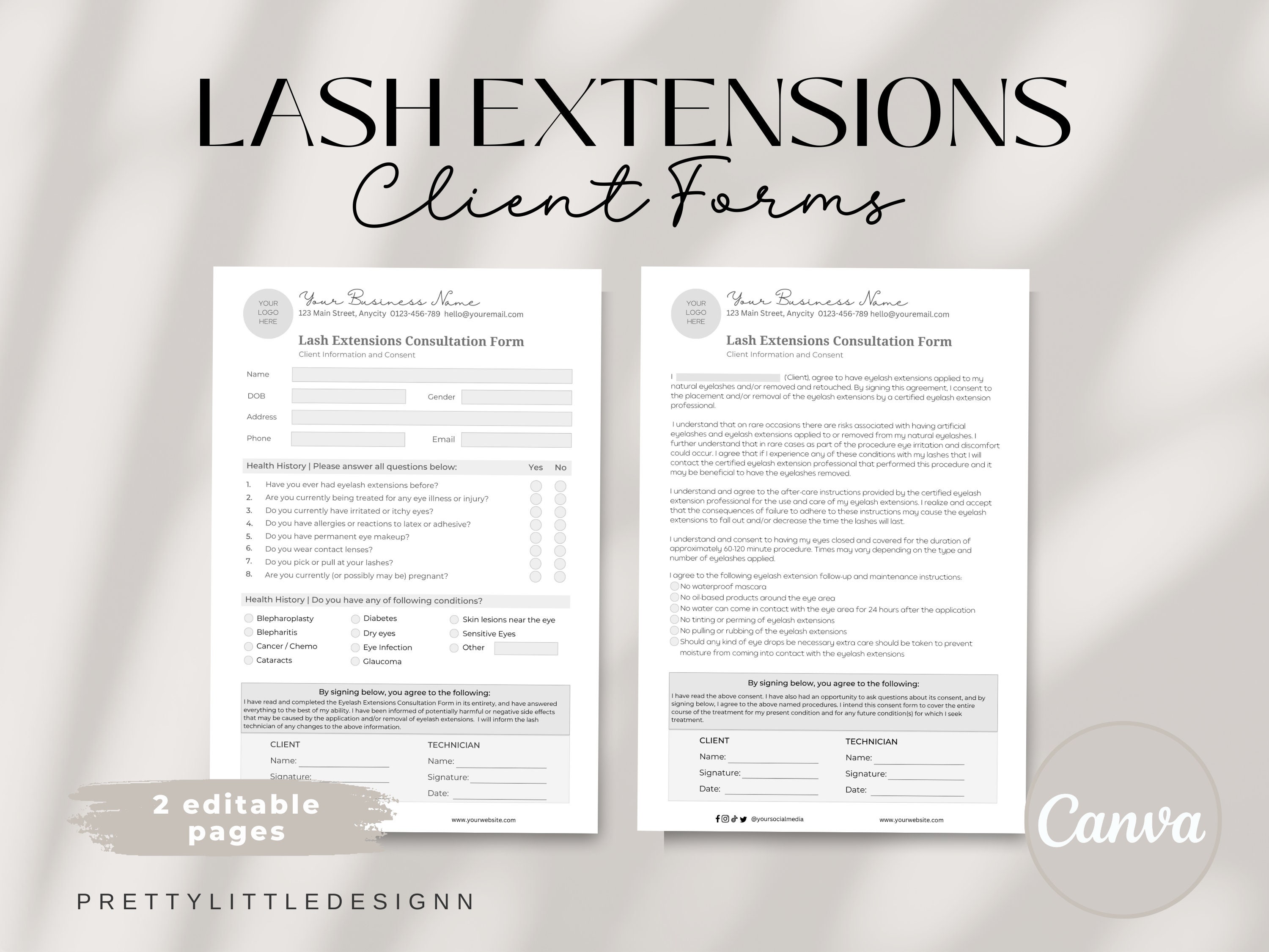 Eyelash Extension Forms, Editable Intake Form, Esthetician Forms, Lash ...