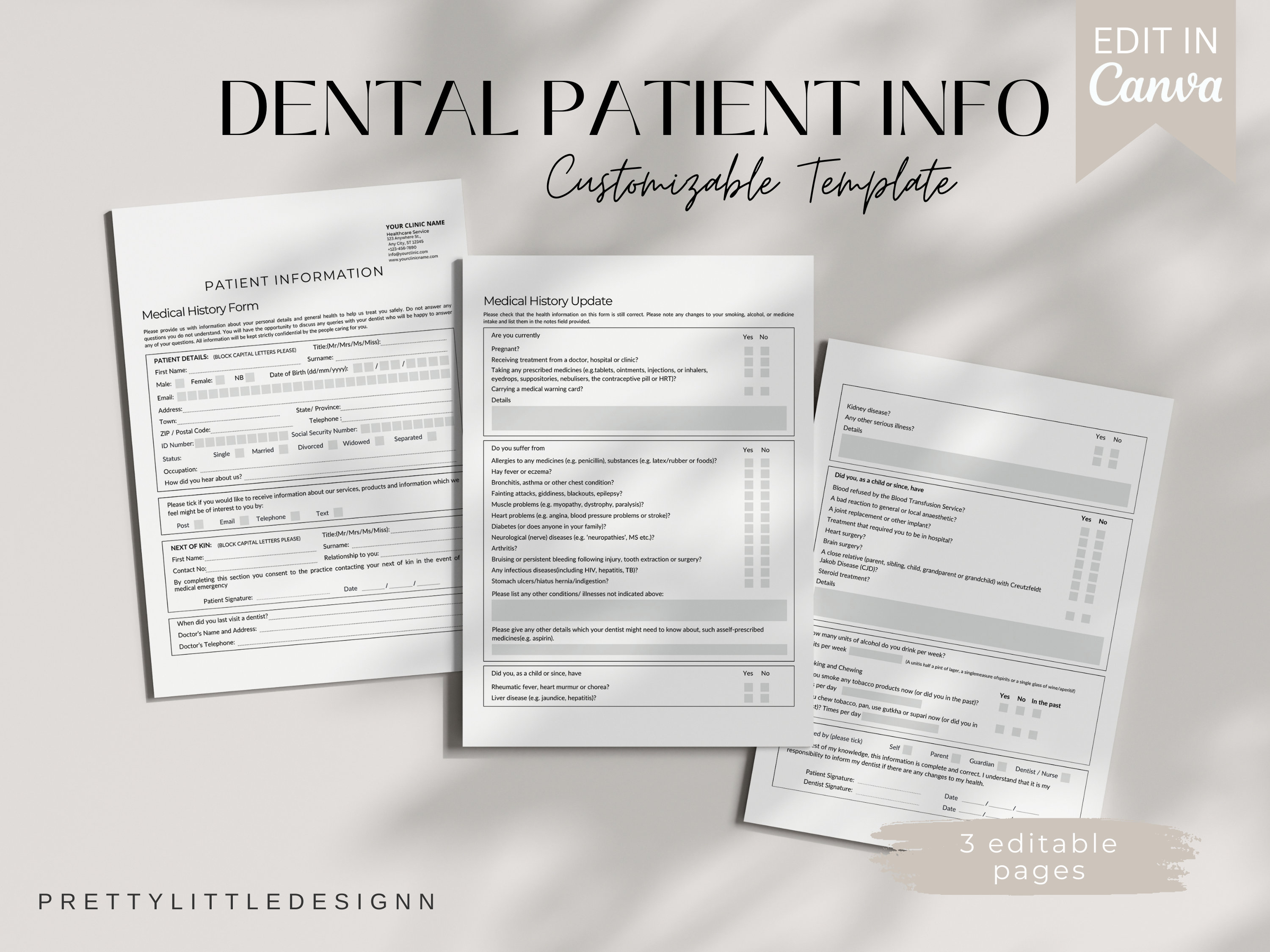 Dentist Office New Patient Form, Patient Information, Editable Medical ...