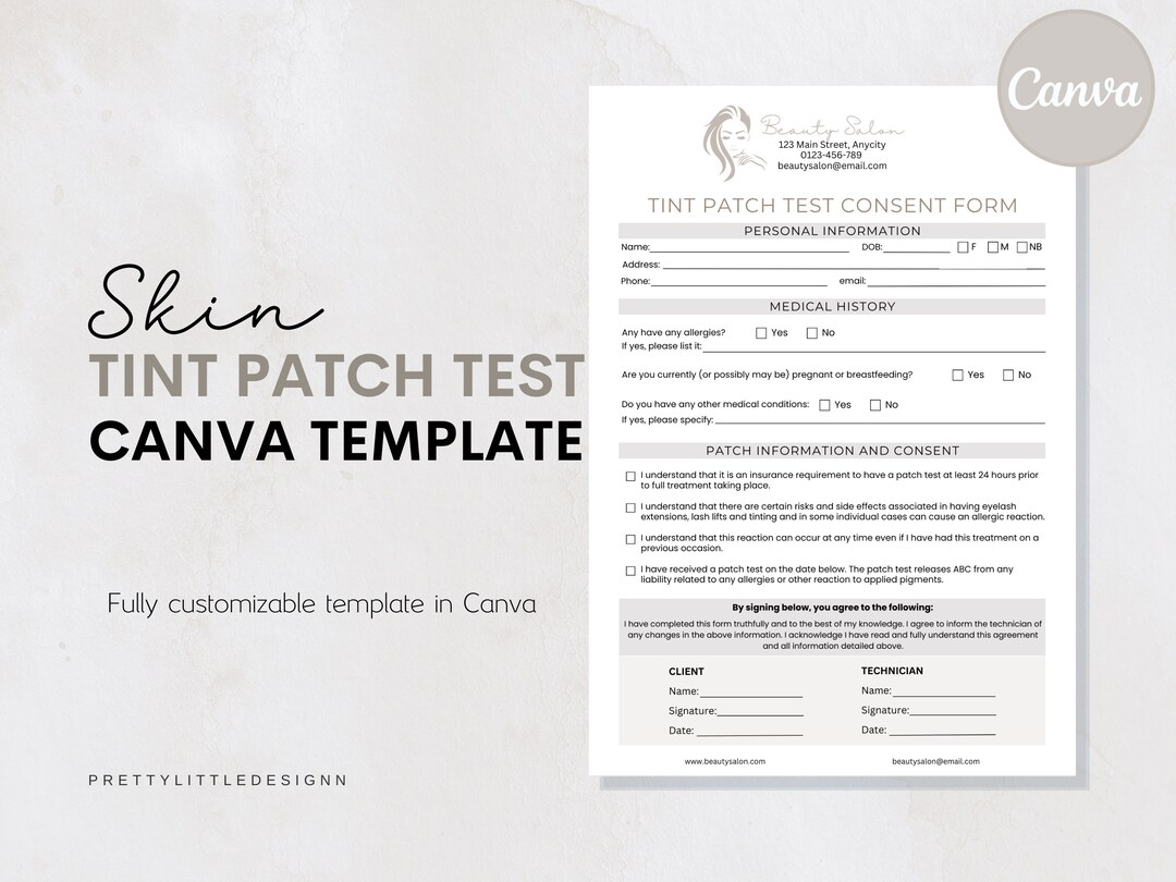 Tint Patch Test Consent Form, Editable Esthetician Consent Form, Brow ...