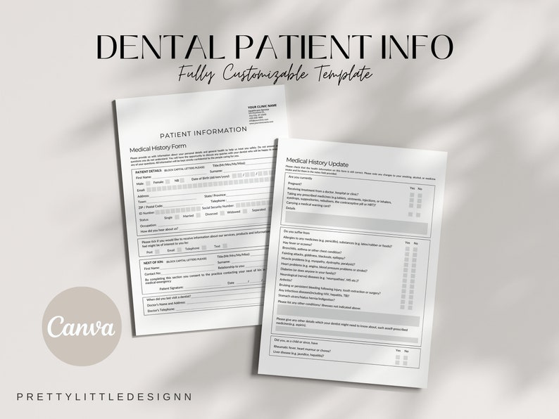 Dentist Office New Patient Form, Patient Information, Editable Medical ...