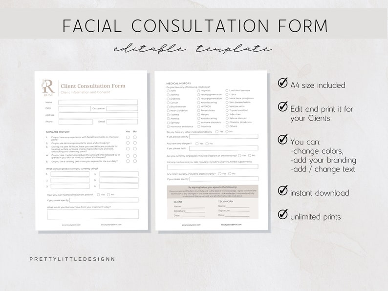 Client Intake Form, Facial Consultation Form, Editable Intake Form ...