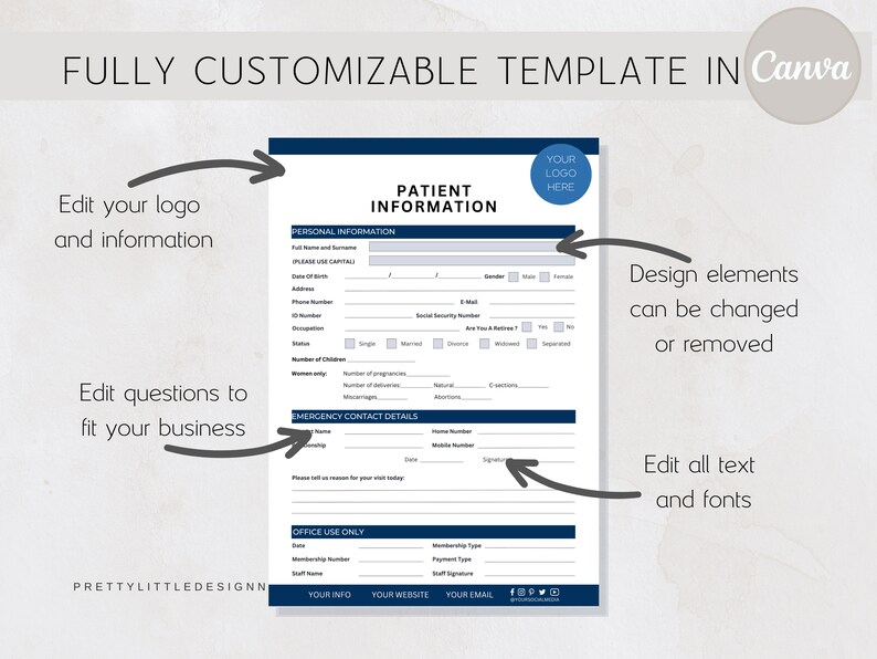 Customized New Patient Form, Patient Information, Editable Medical ...