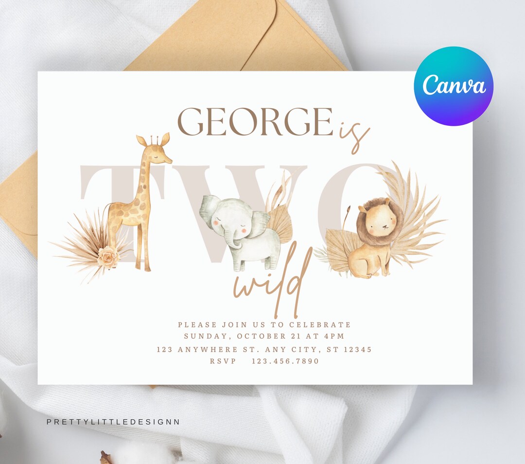 Boho Safari Two Wild Birthday Invitation, Jungle Second Birthday Invite ...