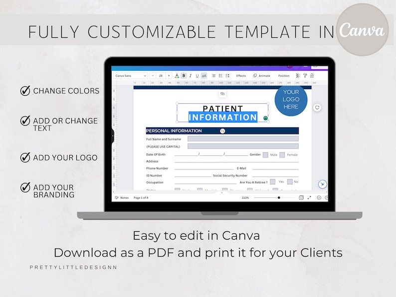 Customized New Patient Form, Patient Information, Editable Medical ...