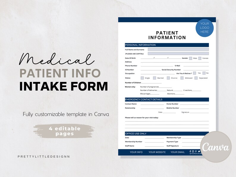 Customized New Patient Form, Patient Information, Editable Medical ...