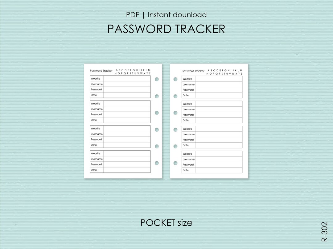 Password Tracker Printable Pages Pocket Size for Filofax A7, Printable ...