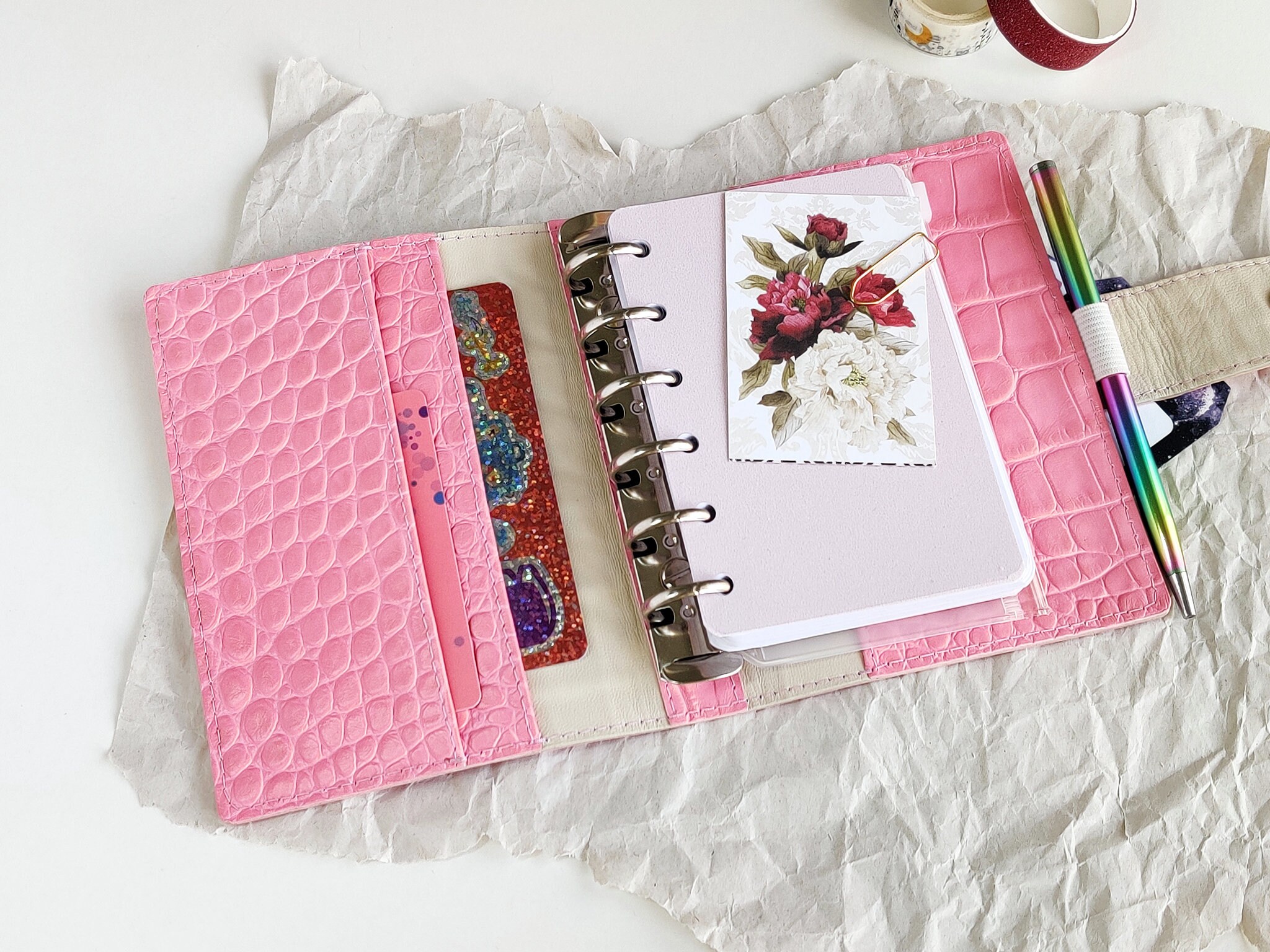 Leather Pocket Planner 6 Rings A7, Croc Leather Agenda Weekly Monthly ...