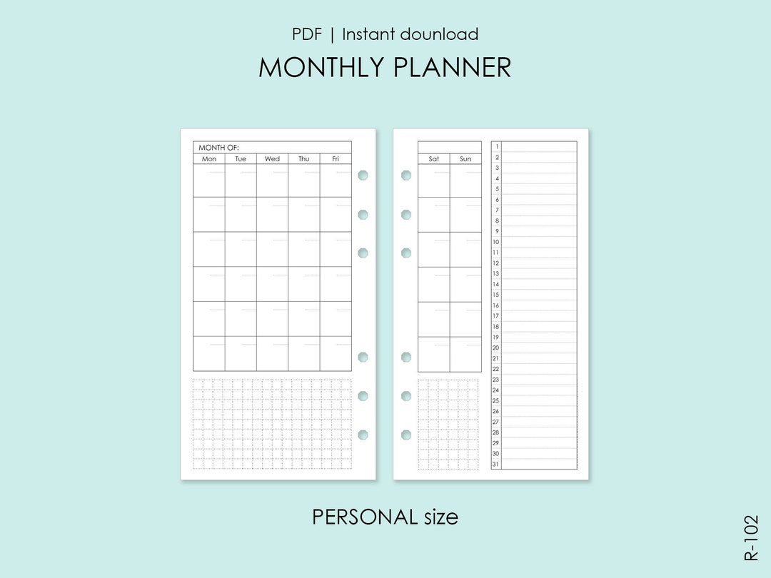 Monthly Planner Inserts Printable Personal Size, Monthly Pages With ...