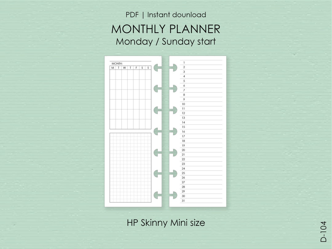 Printable Monthly Pages HP Skinny Mini, Month at a Glance, Monday ...