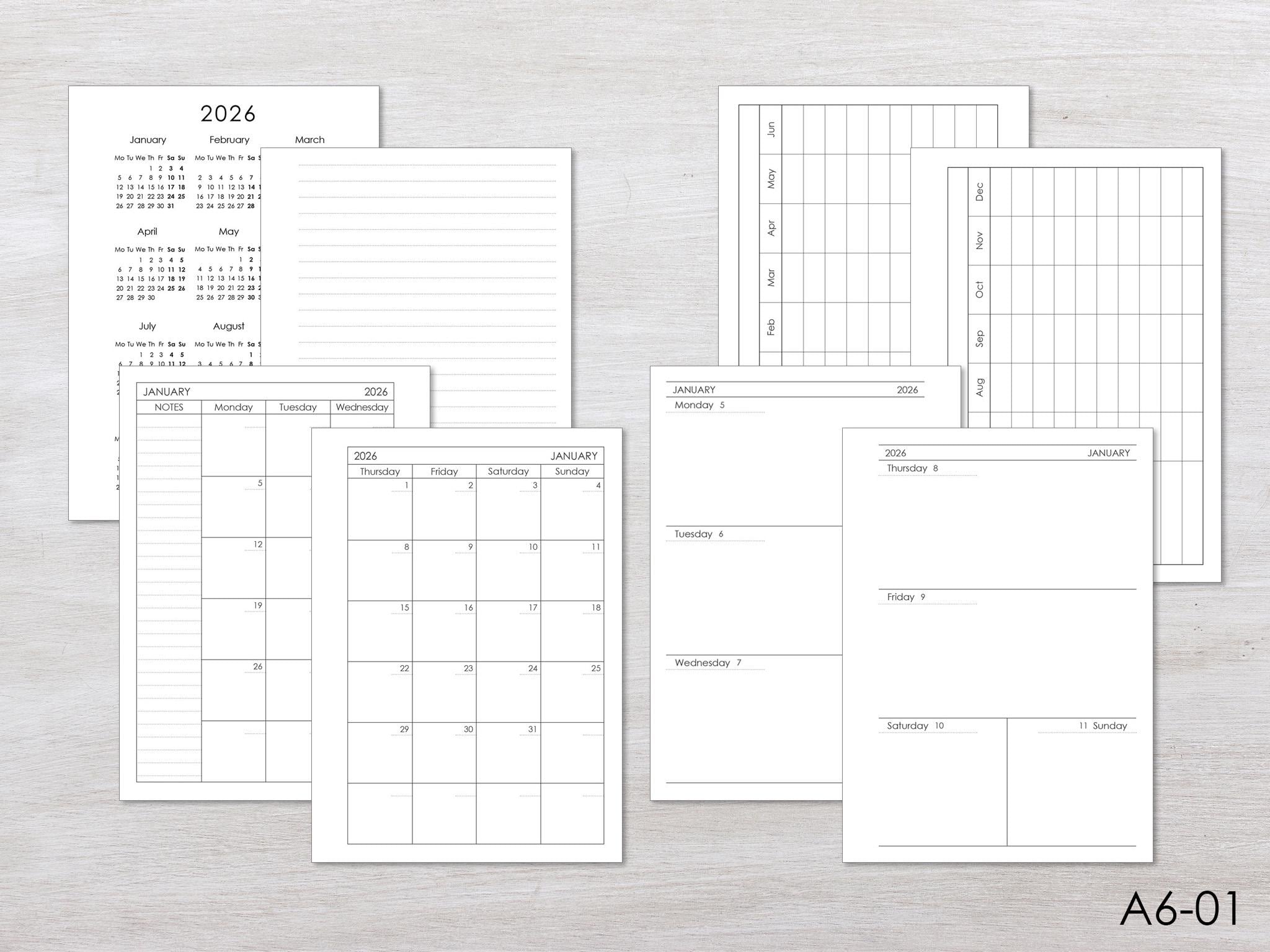 Real A6 Size 6 Ring Planner Inserts 2026: Printed Monthly Weekly Paper ...