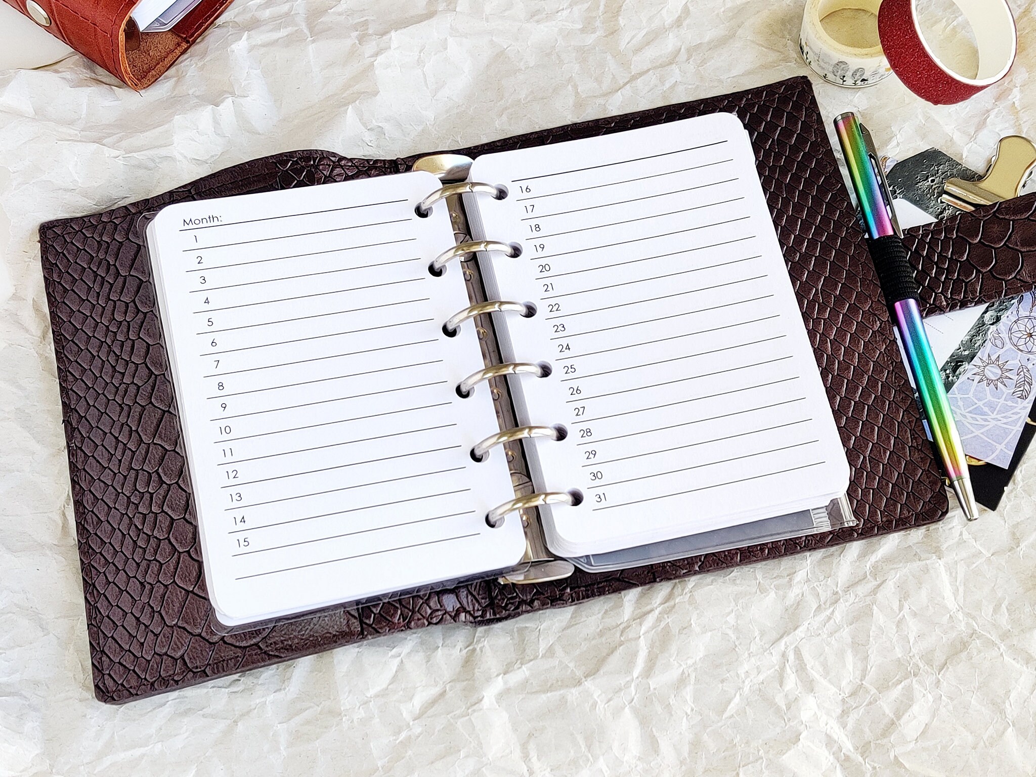 Leather Ring Planner Pocket Size A7, Full Back Pocket, Monthly Weekly ...