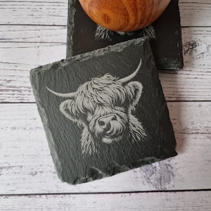 Highland Cow Slate Coasters Set - Etsy UK