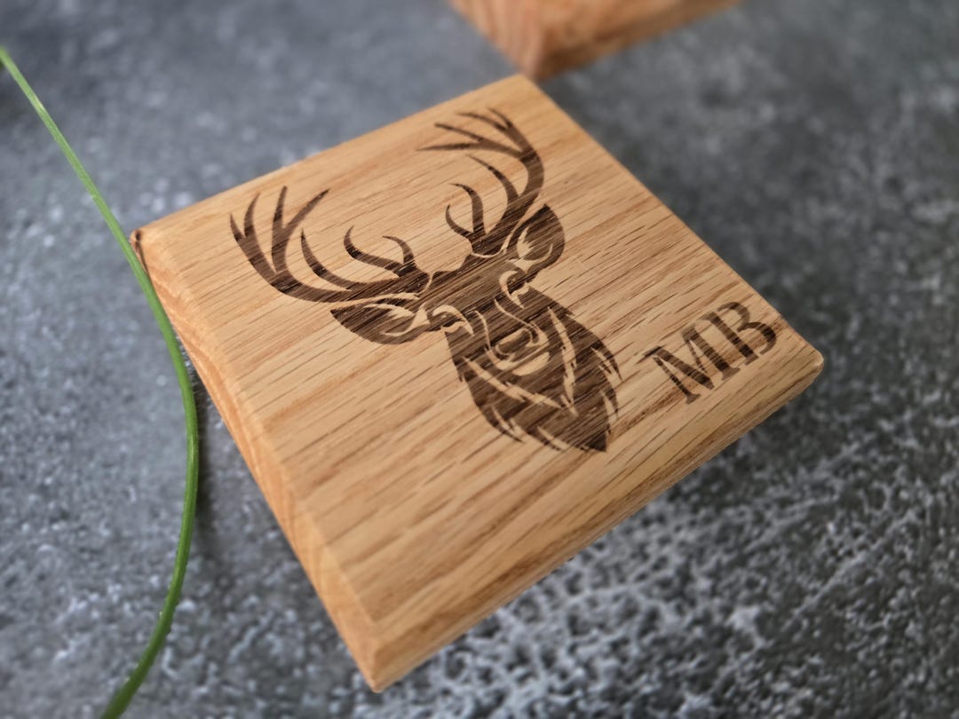 Personalised Solid Oak Stag Design Coasters, Custom Initials Stag ...