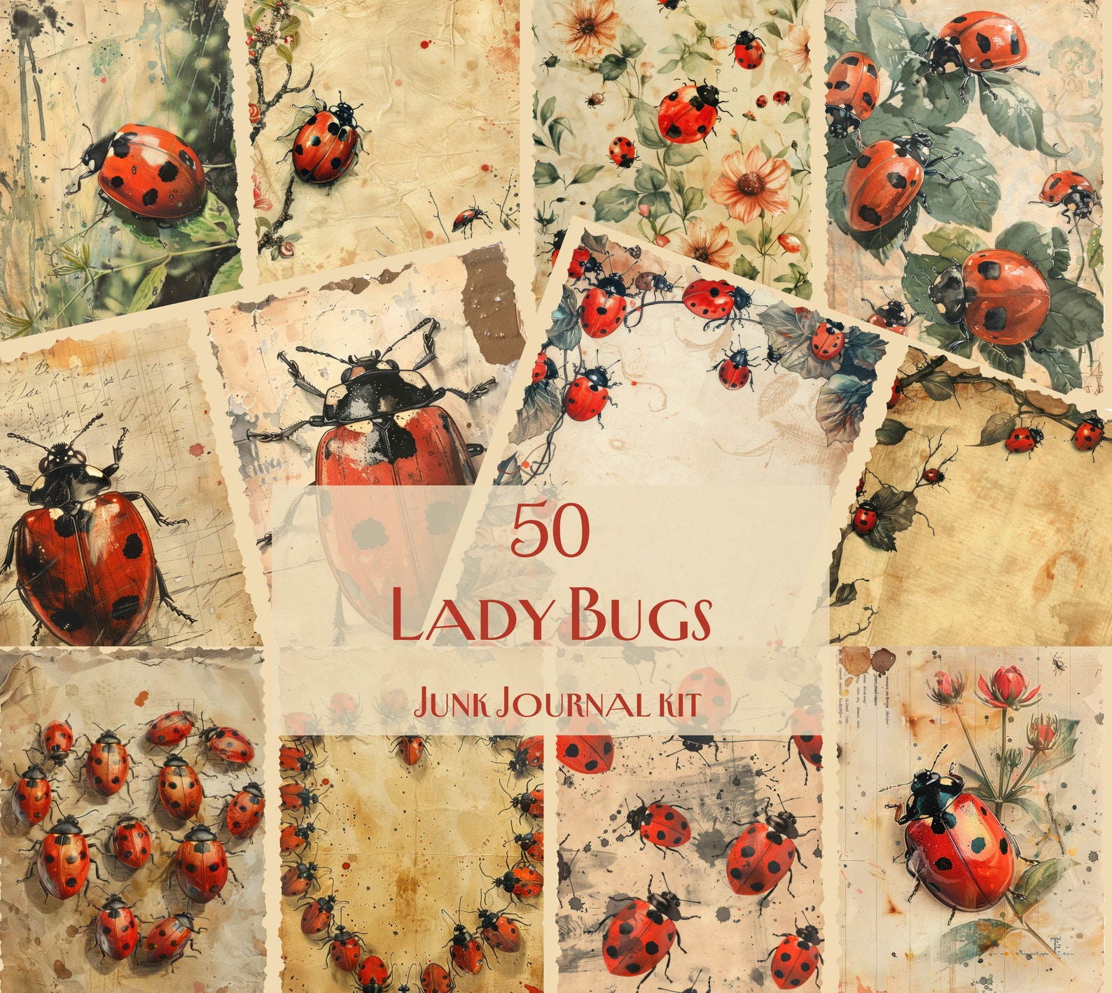 50 Lady Bug Junk Journal Kit, Ladybug Ephemera, Cute Junk Journal ...