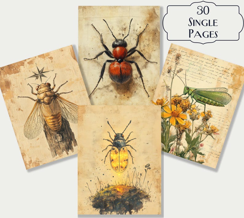 30 Insects Junk Journal Kit, Printable Bug Ephemera Pages, Vintage ...