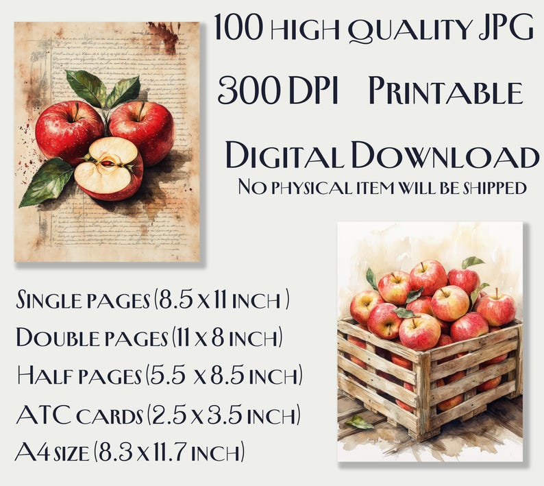 100 Apples Junk Journal Kit, Vintage Orchard Digital Papers, Botanical ...