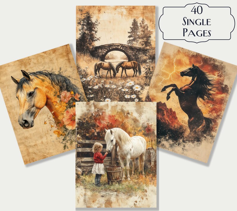40 Horses Junk Journal Kit, Printable Horse Ephemera Pages, Rustic ...