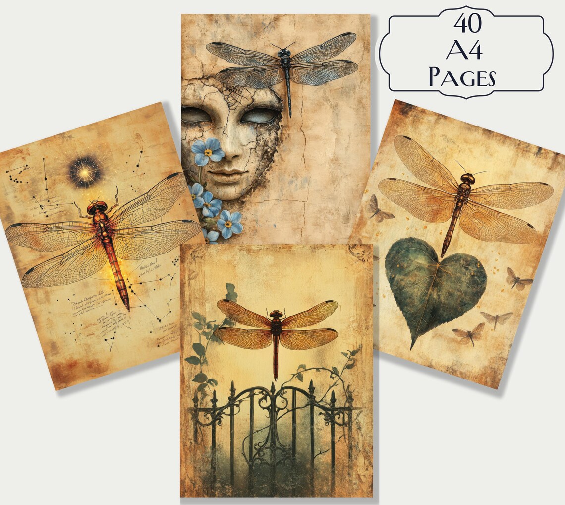 40 Dragonfly Junk Journal Kit, Printable Insect Ephemera Pages, Vintage ...
