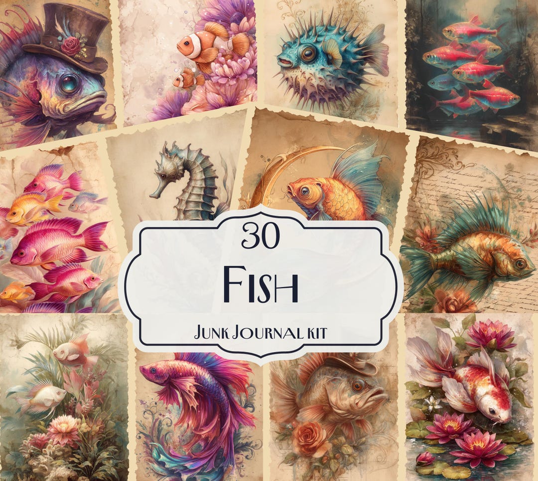30 Fish Junk Journal Kit, Colorful Aquatic Printables, Marine Life ...