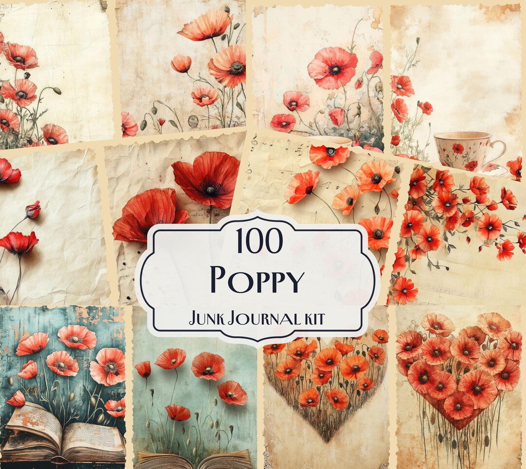 100 Poppy Junk Journal Kit, Vintage Floral Junk Journal, Red Poppy Art ...