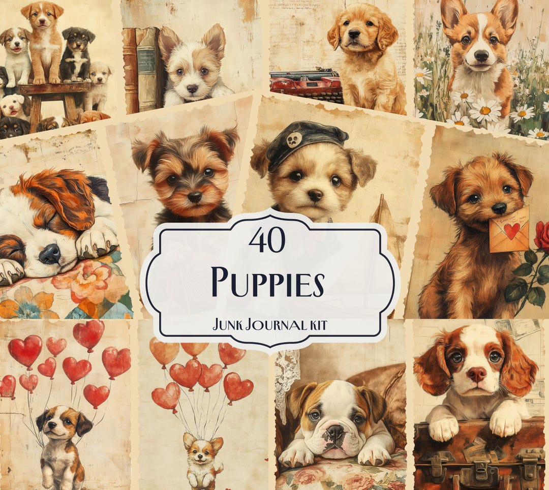 40 Puppies Junk Journal Kit, Printable Dog Ephemera Pages, Cute Puppy ...