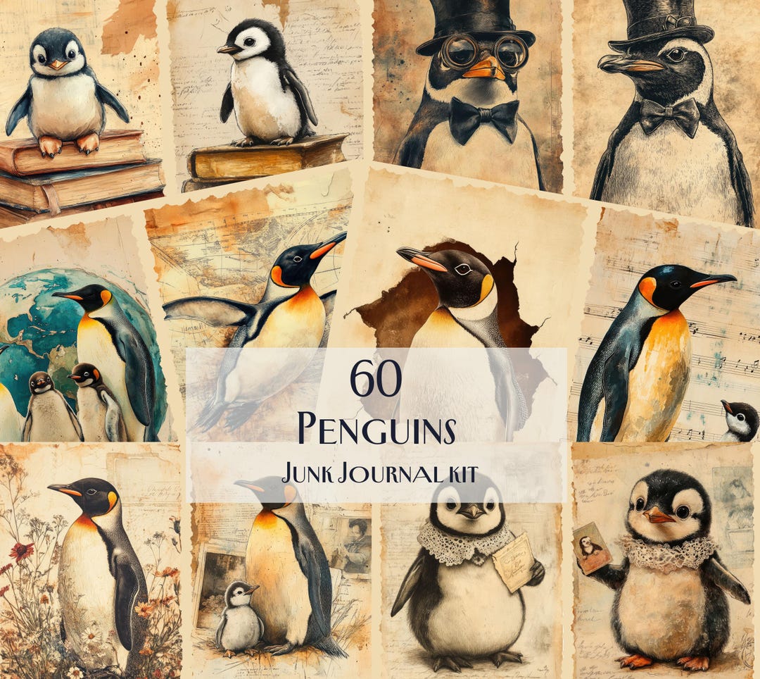 60 Penguins Junk Journal Kit, Vintage Penguin Digital Papers, Adorable ...
