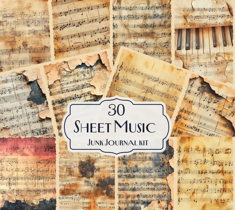 30 Vintage Sheet Music Junk Journal Kit, Antique Music Ephemera for ...