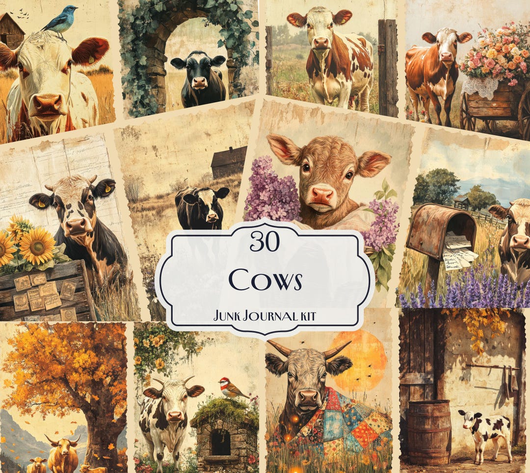 30 Cows Junk Journal Kit, Printable Farm Animal Ephemera Pages, Rustic ...