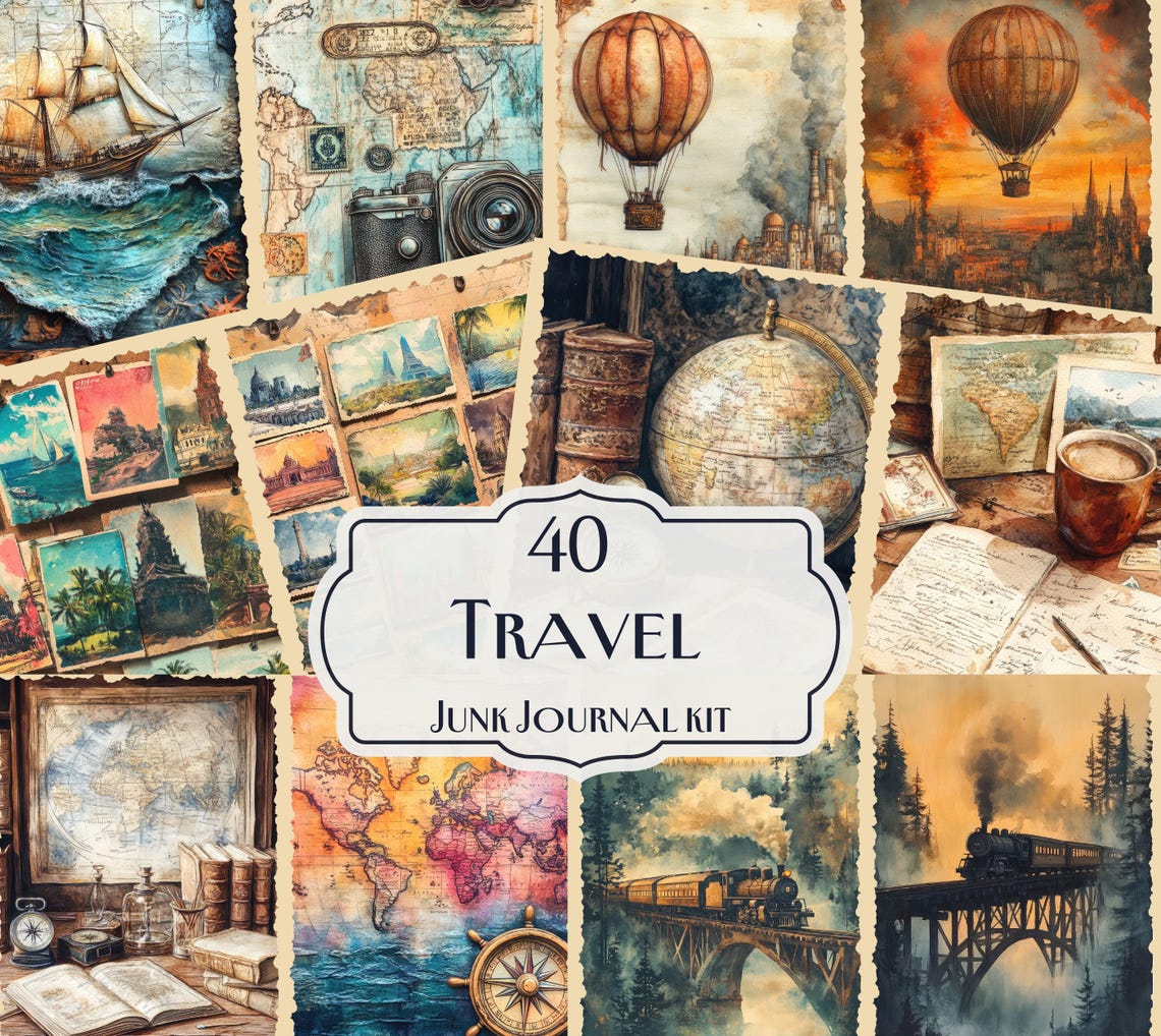 40 Travel Junk Journal Kit, Vintage Travel Junk Journal, Vintage Map ...