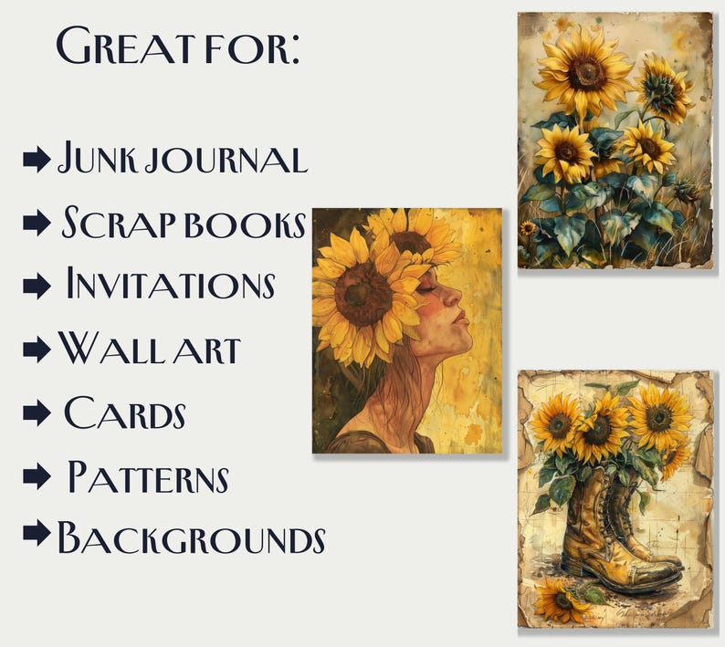 Sunflowers Junk Journal Kit, 50 Bright Digital Papers, Vintage Floral ...