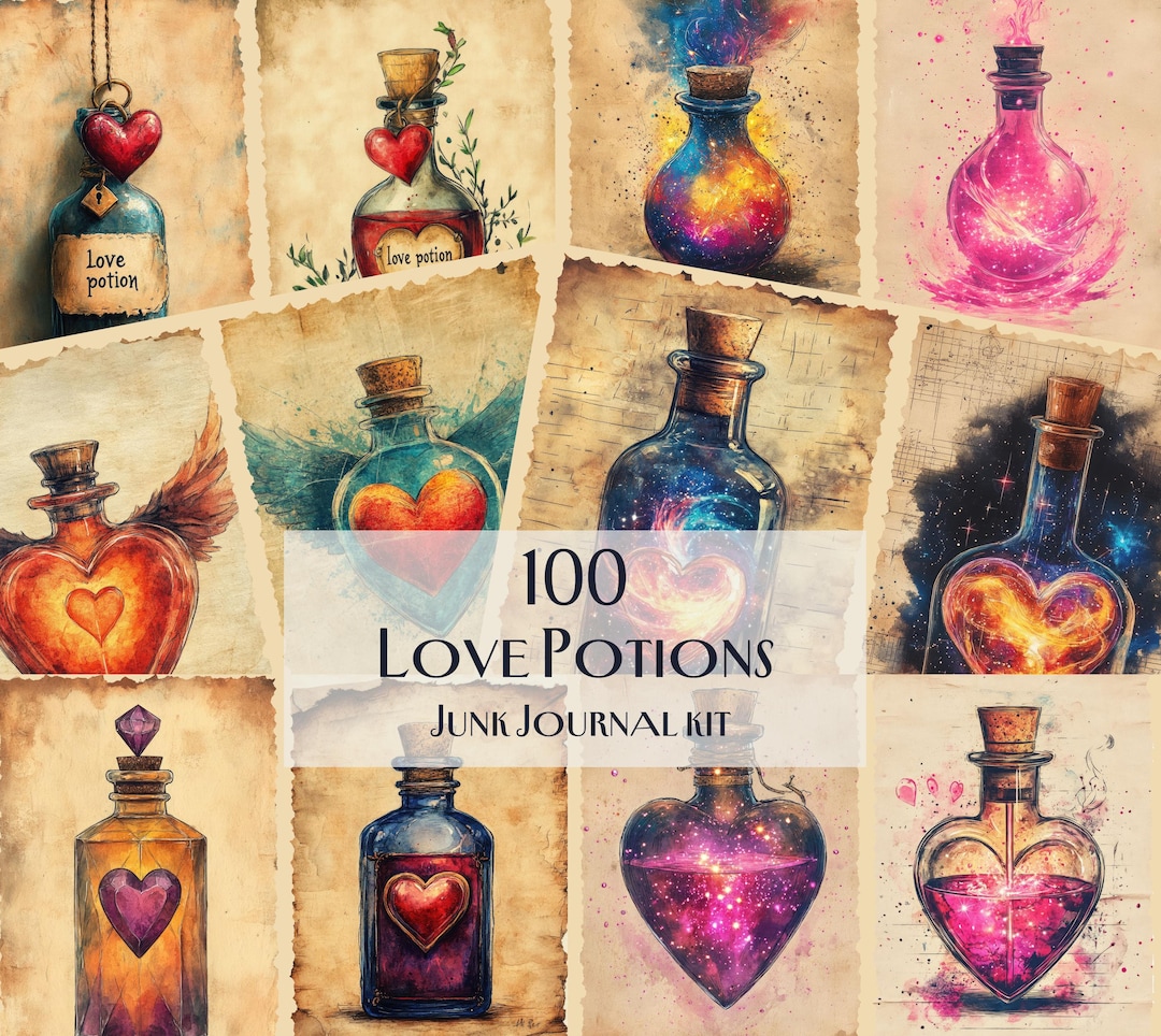 100 Love Potions Junk Journal Kit Magical Potion Ephemera, Heart-shaped ...