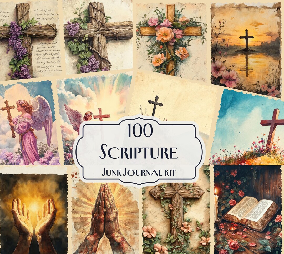 100 Scripture Junk Journal Kit, Faith-inspired Ephemera, Cross & Angel ...
