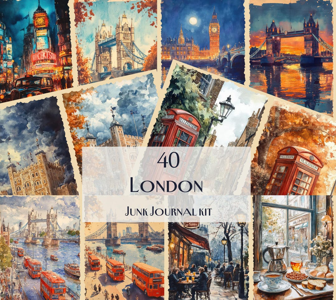 40 London Junk Journal Kit, Vintage Cityscape, Big Ben & Red Bus Art ...
