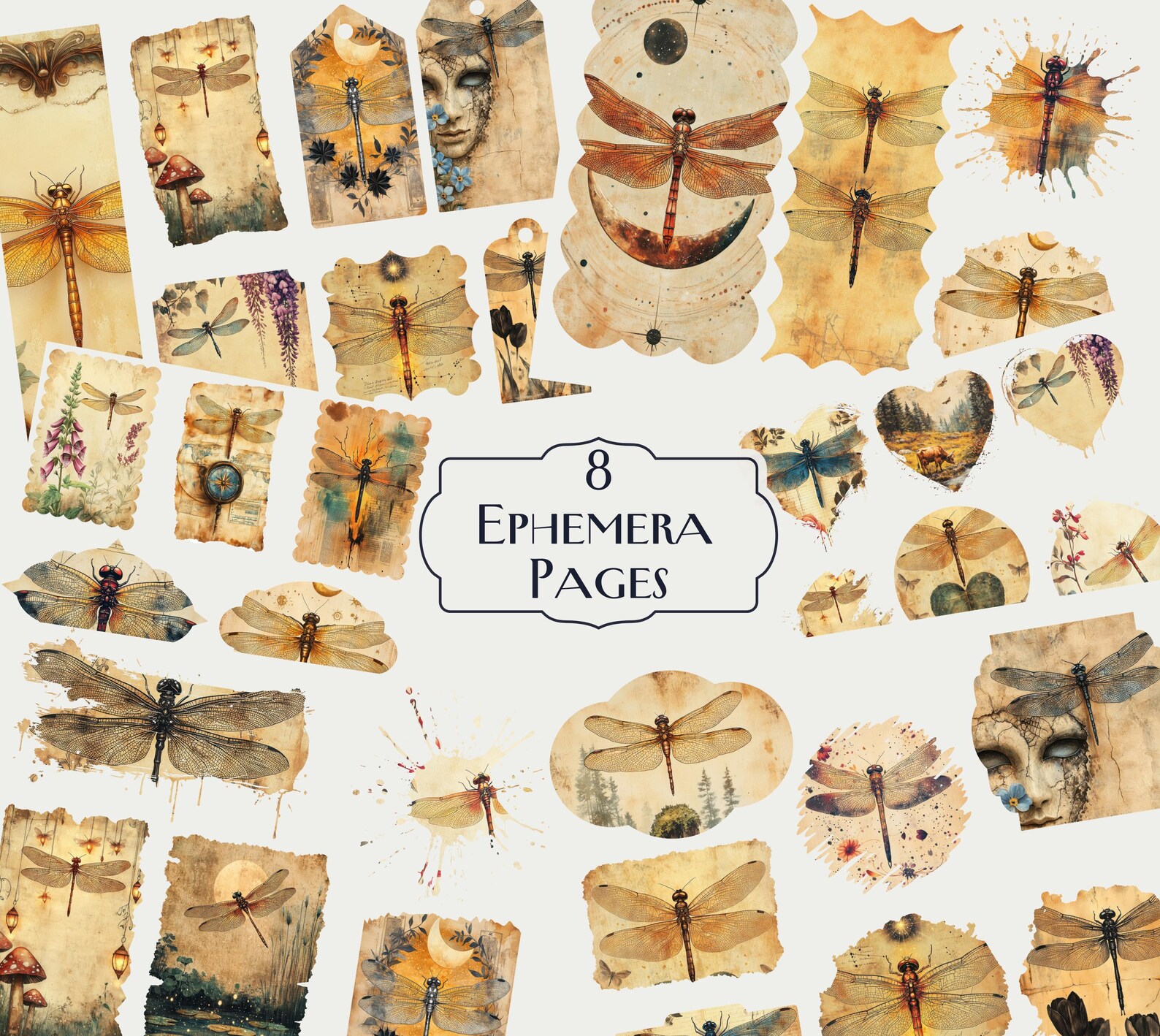 40 Dragonfly Junk Journal Kit, Printable Insect Ephemera Pages, Vintage ...