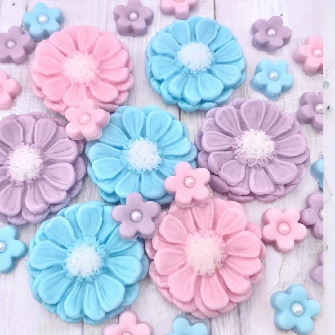 30 Edible Flowers Bouquet Cake Toppers Pink Lilac & Blue Fondant Sugar ...