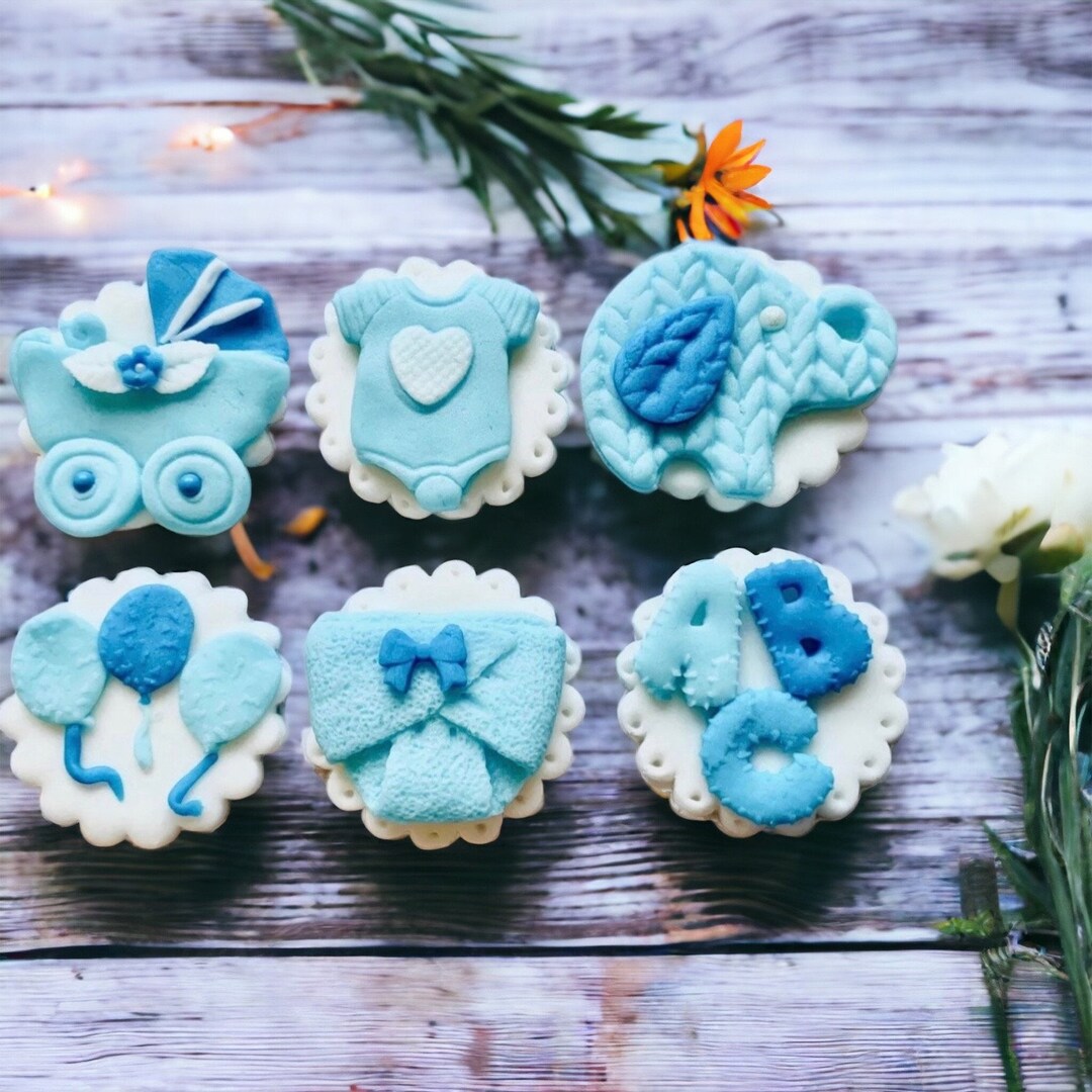 Edible Baby Cupcake Toppers Blue Cake Decorations Fondant Sugar Paste ...