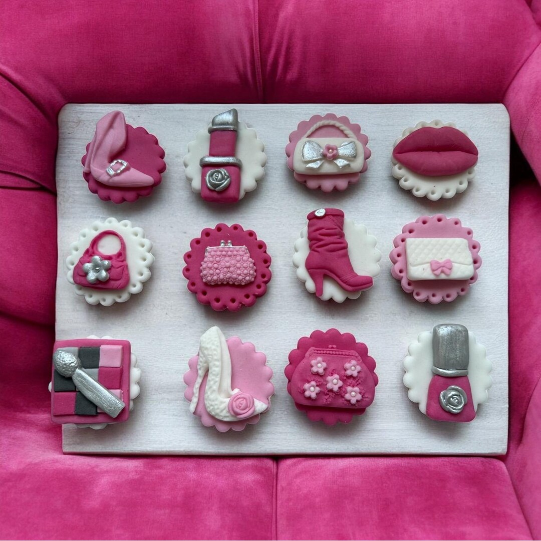 12 Edible Pink Cupcake Toppers, Shoes Handbag Makeup Fondant Cake ...