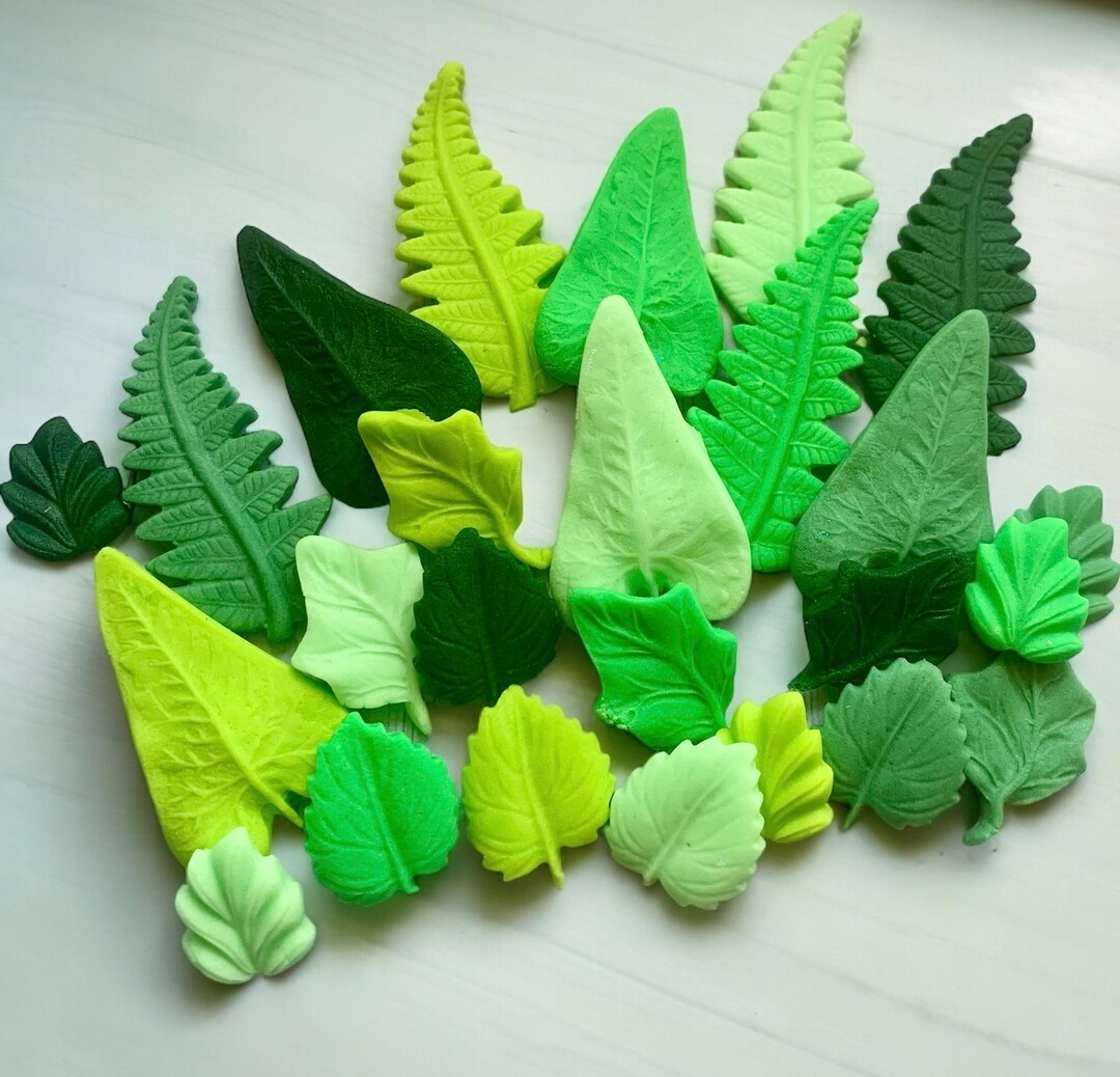 25/50 Edible Jungle Leaves Cake Toppers Cupcake Decorations Fondant ...