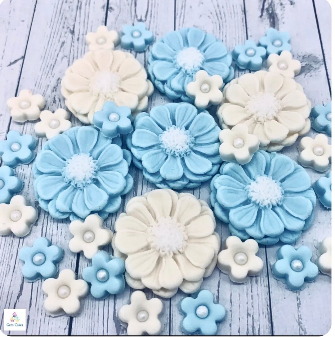 30 Flower Icing Bouquet Cake. Edible Toppers Blue & Cream Fondant Sugar ...