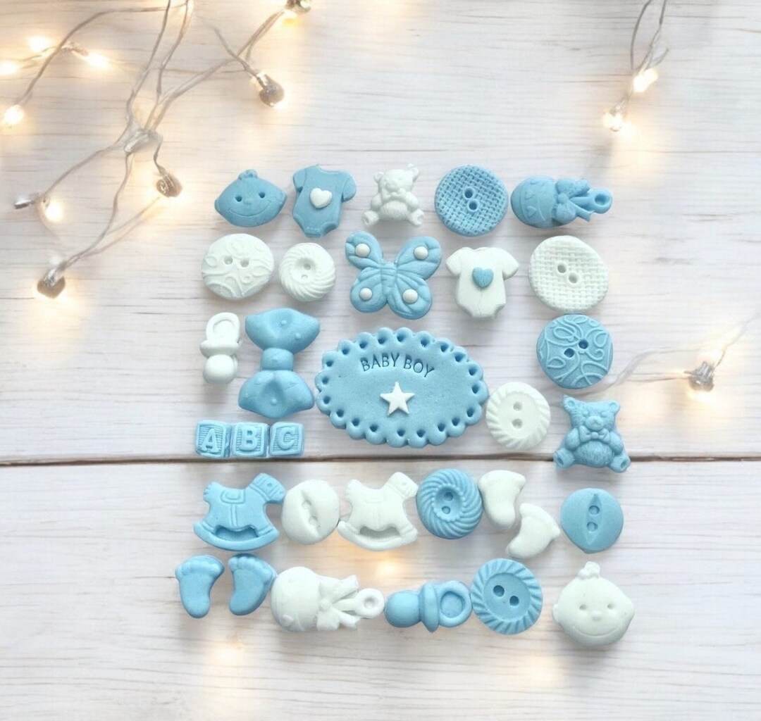 32 Edible Fondant Boy, Blue & White Baby Shower Cake Toppers and ...