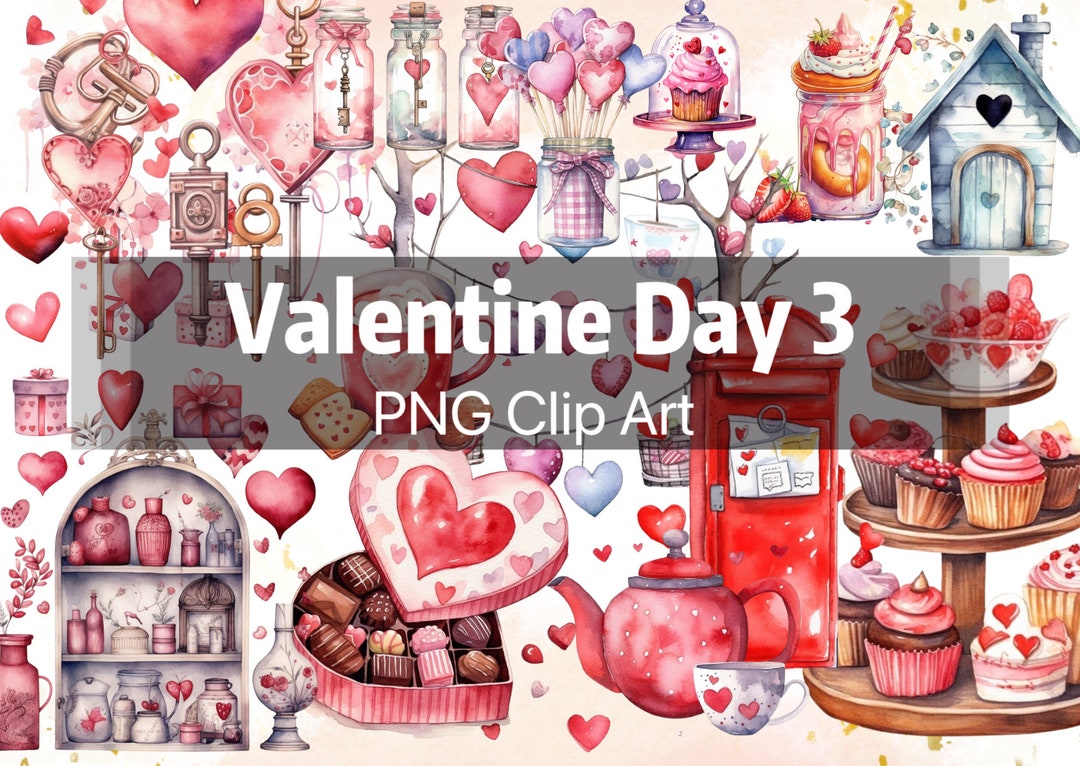 Romantic Valentine's Day 3 Clip Art PNG Bundle Whimsical Watercolour ...