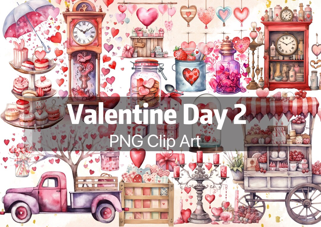 Romantic Valentine's Day 2 Clip Art PNG Bundle Whimsical Watercolour ...