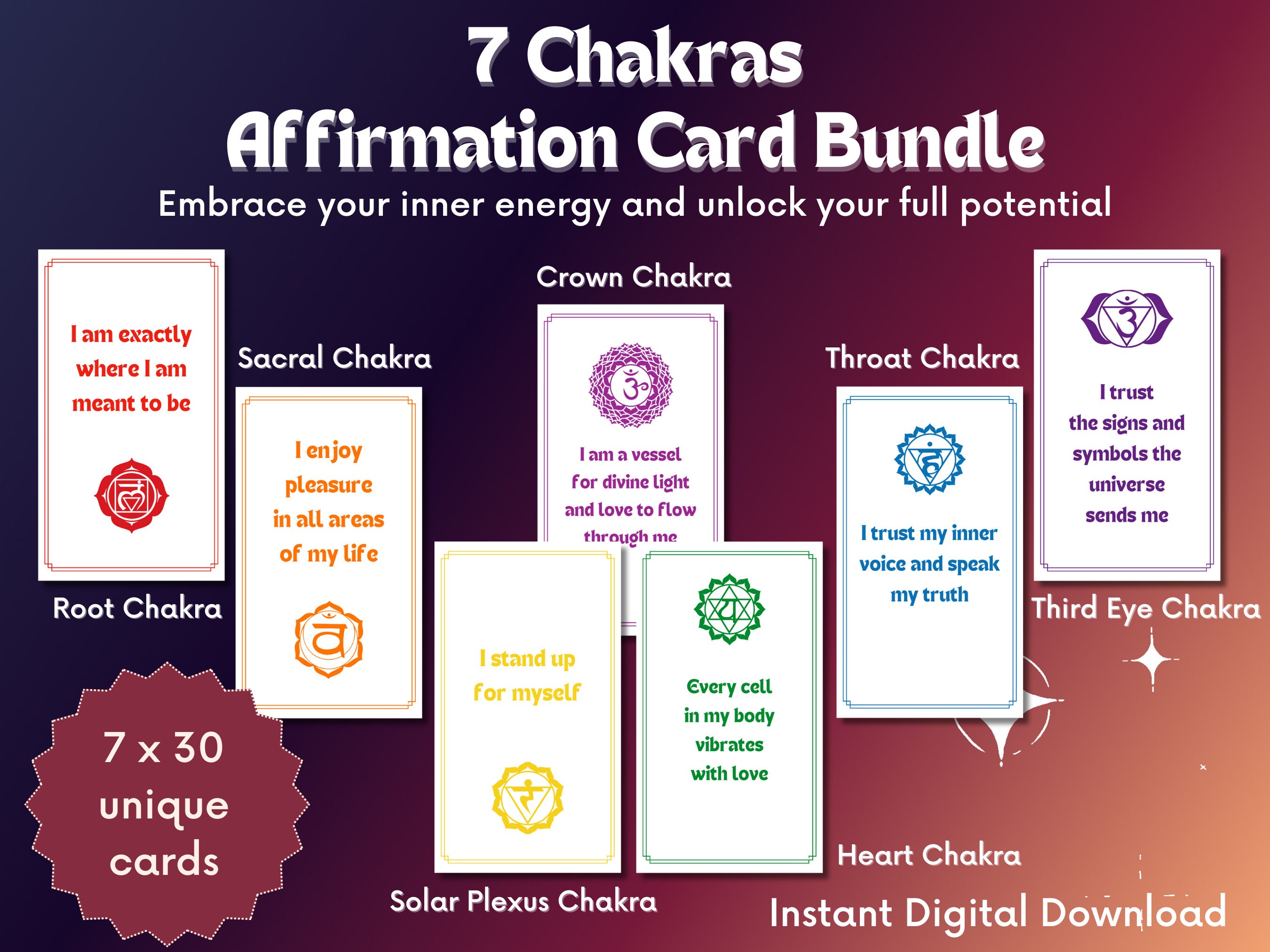 210 Chakra Daily Affirmation Cards All 7 Chakra Card Bundle | Printable ...