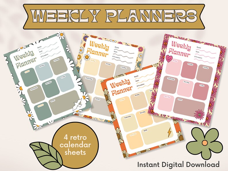 Weekly Retro 70s Hippy Calendar | Productivity Digital Printable ...