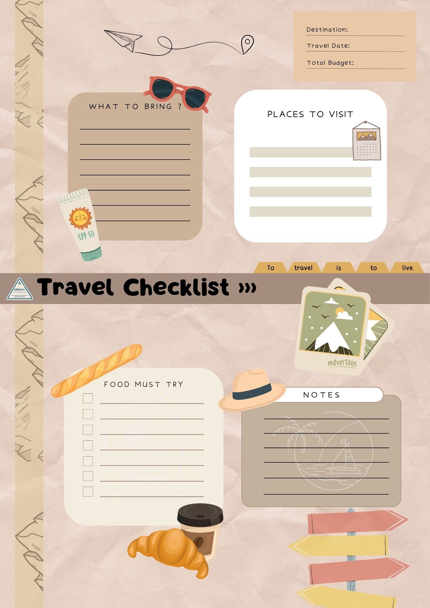 Travel Checklist Brown Template for Travel Canva Digital - Etsy