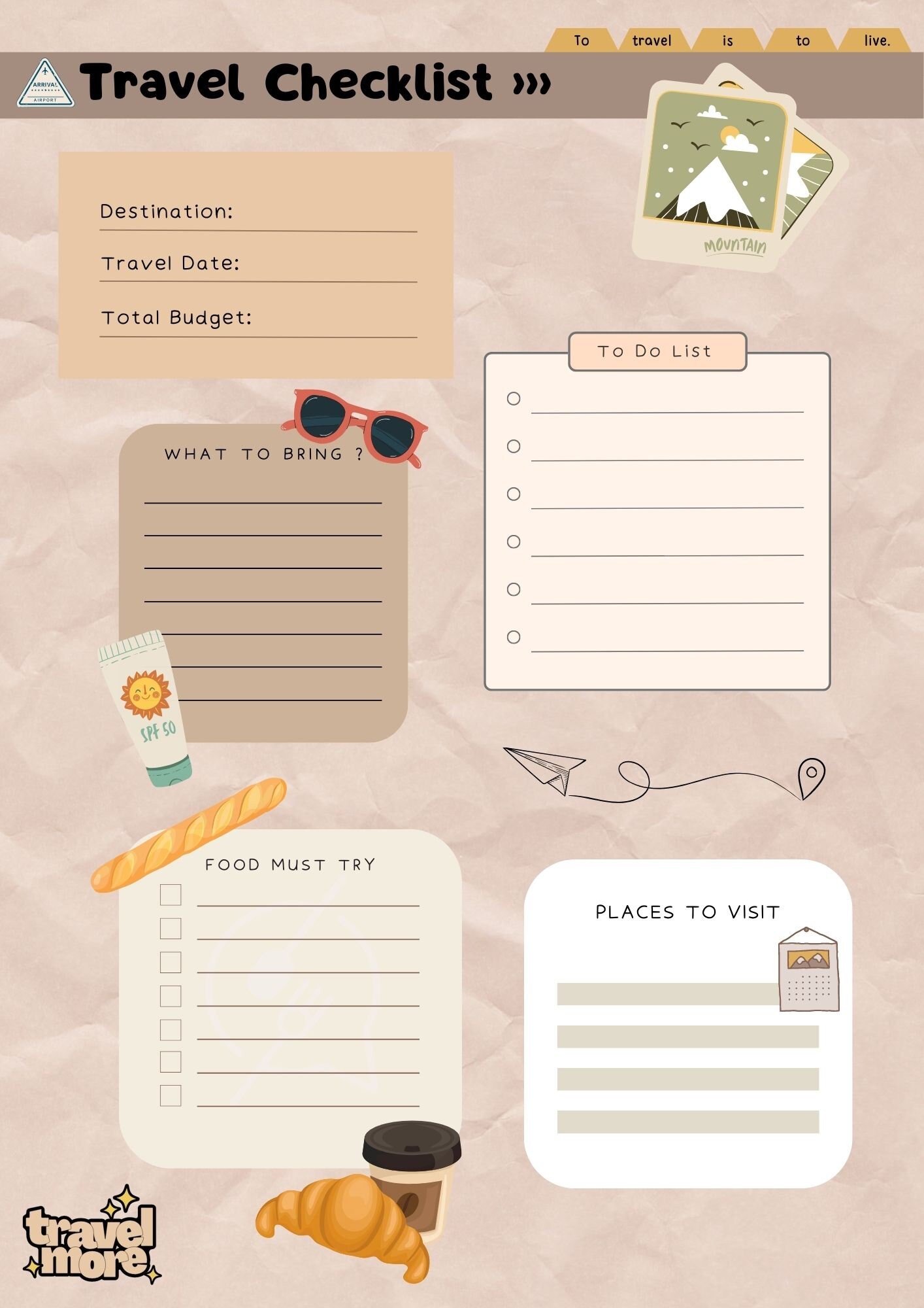 Travel Checklist Brown, Template for Travel, Canva Digital Template ...